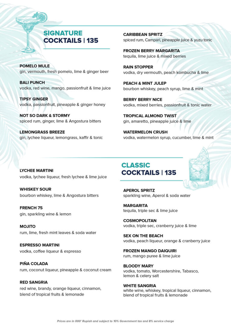 Beach Party Drink Menu - FINNS Beach Club