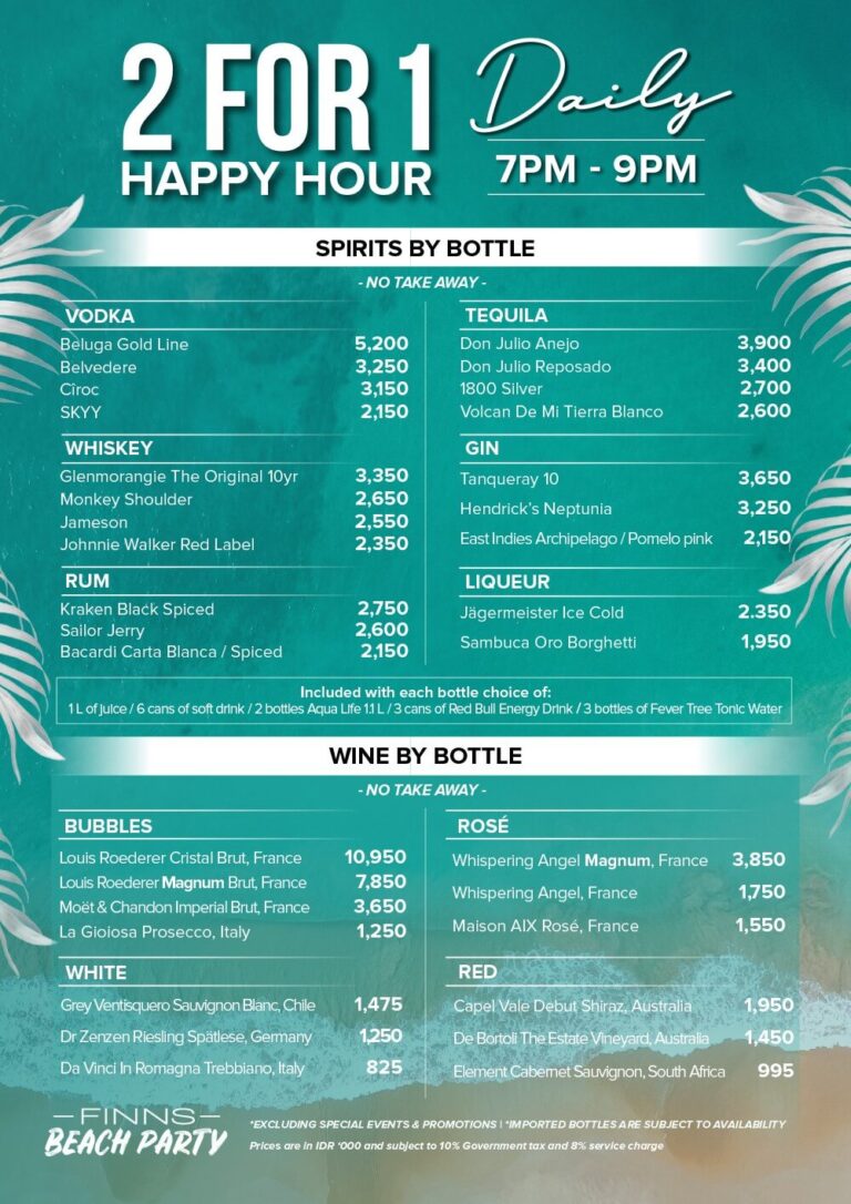 Beach Party Drink Menu - FINNS Beach Club
