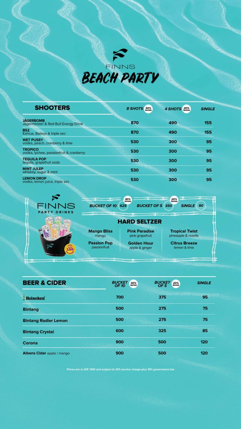 Beach Party Drink Menu - FINNS Beach Club