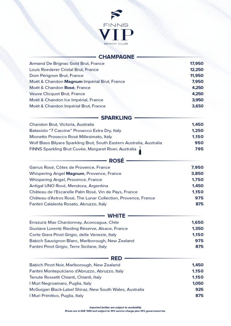 VIP Drink Menu - FINNS Beach Club